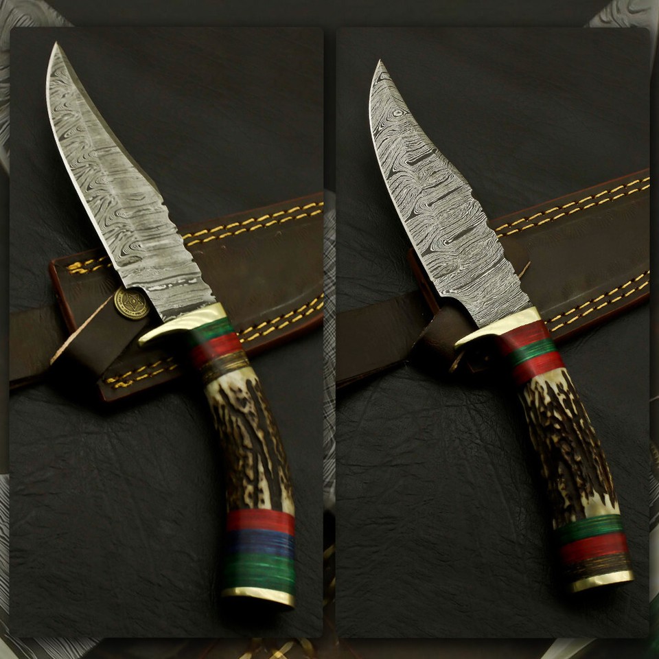 LOT OF 2 CUSTOM MADE HAND FORGED DAMASCUS HUNTING/SKINNING KNIFE/STAG ...