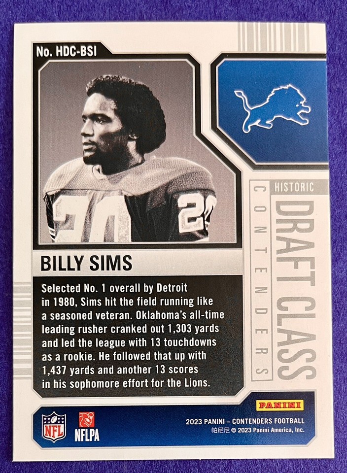 Billy Sims 2023 Panini Contenders HISTORIC DRAFT CLASS RED INSERT #HDC ...
