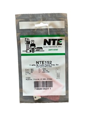 NTE152 T-NPN, Si, Audio Power Amp, Sw (Compl NTE153) To220 ECG152 GE ...