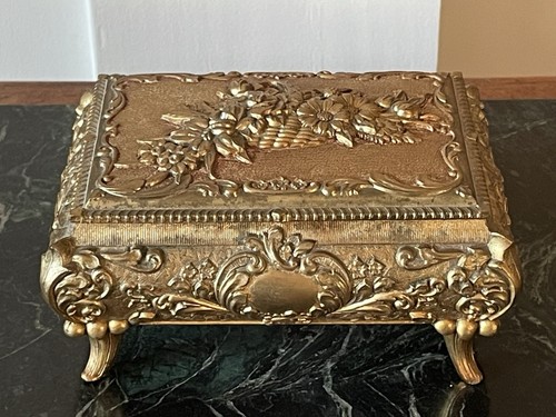 Vintage Rococo Brass Casket Jewelry Box French Style Four Footed ...