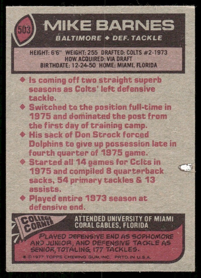 1977 Topps Mike Barnes Baltimore Colts #503 | eBay