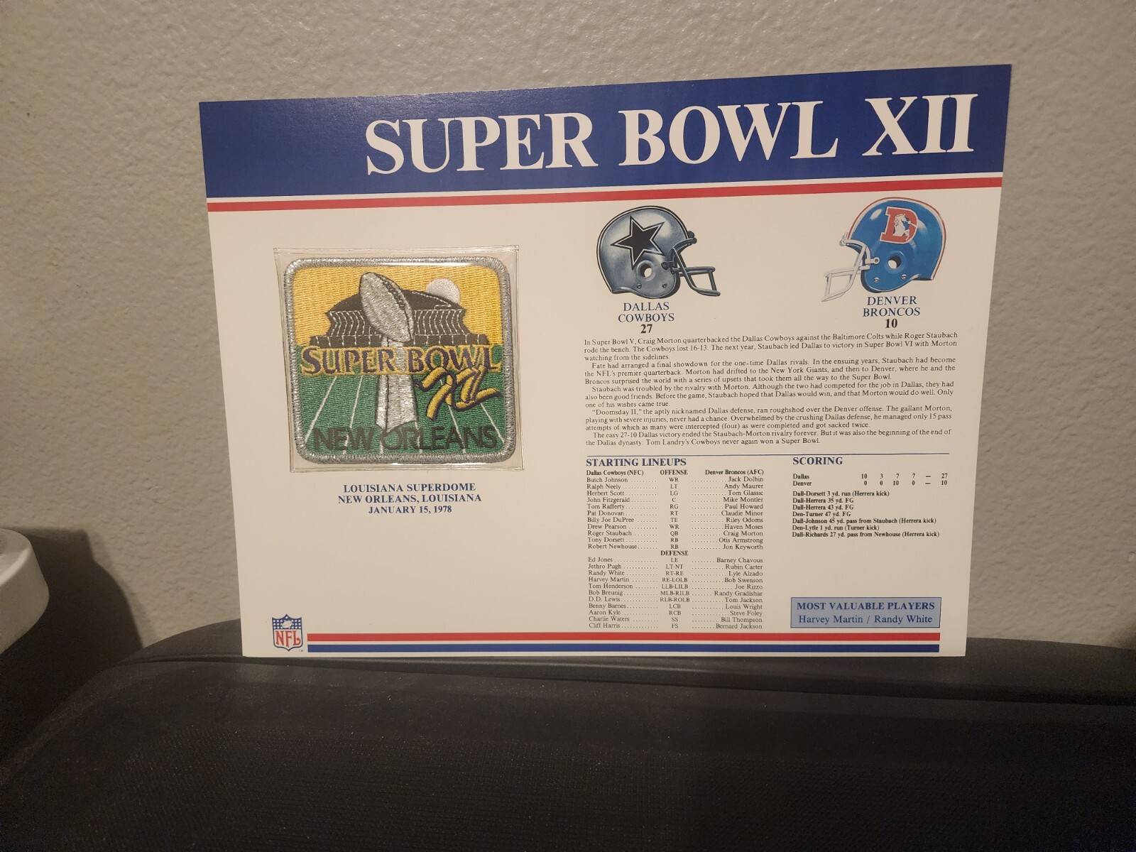 Super Bowl XII Patch Official Willabee & Ward Dallas Cowboys Denver ...