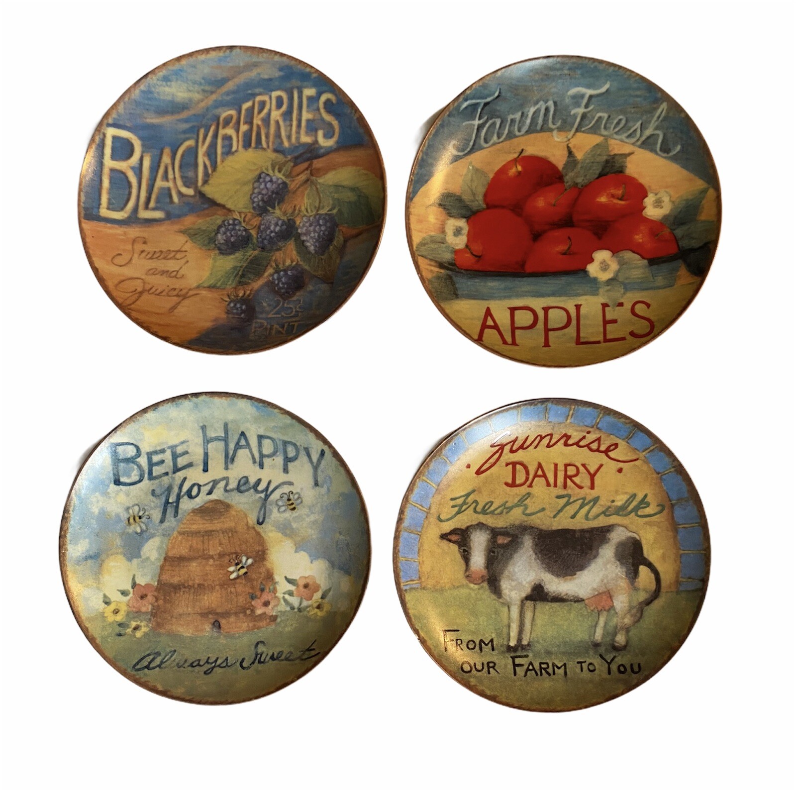 4 Susan Winget Stoneware Dessert PLATES 8” Cracker Barrel Farmers ...