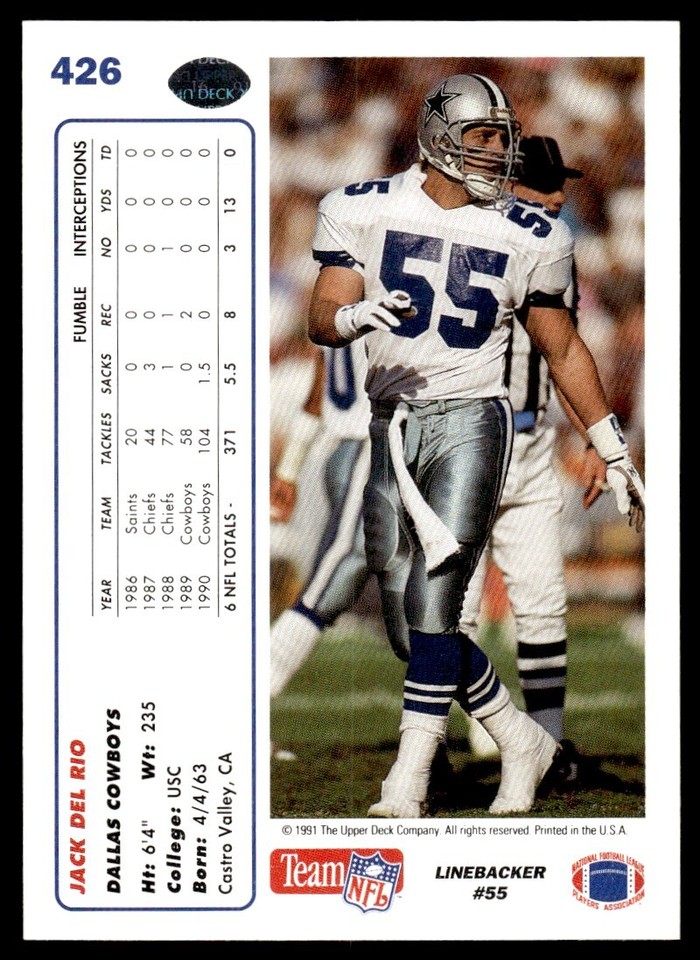1991 Upper Deck Jack Del Rio Dallas Cowboys #426 | eBay