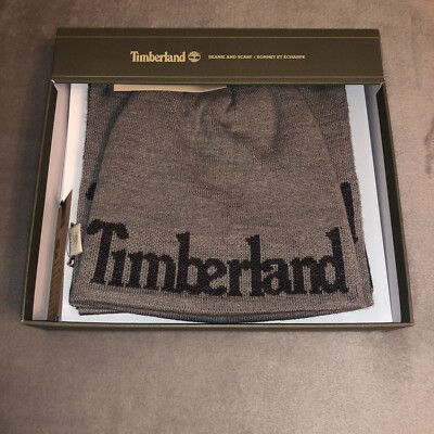Timberland Logo Jacquard Gray Scarf and Beanie Set (Unisex) | eBay