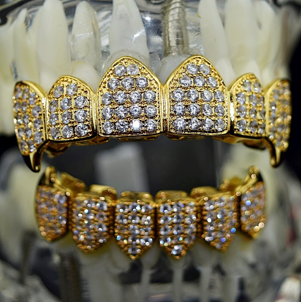 18k Gold Plated Vampire Fang Grillz Set Fangs Grills Iced Simulated CZ ...