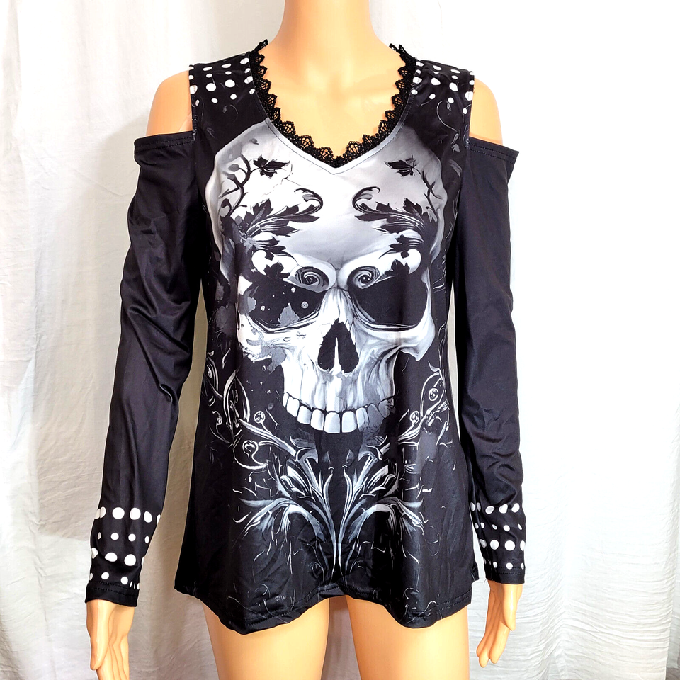Womens Top Goth Skull Black Lace Cold Shoulder Long Sleeve Halloween ...