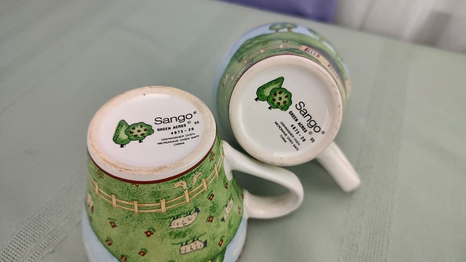 Sango Green Acres Coffee/Tea Cups 2 Cup Set Farm House Church Sheep | eBay