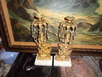 Pr Antique GIRANDOLES 19th C. Fire gilt Brass with Prisms:15 1/2 tall ...