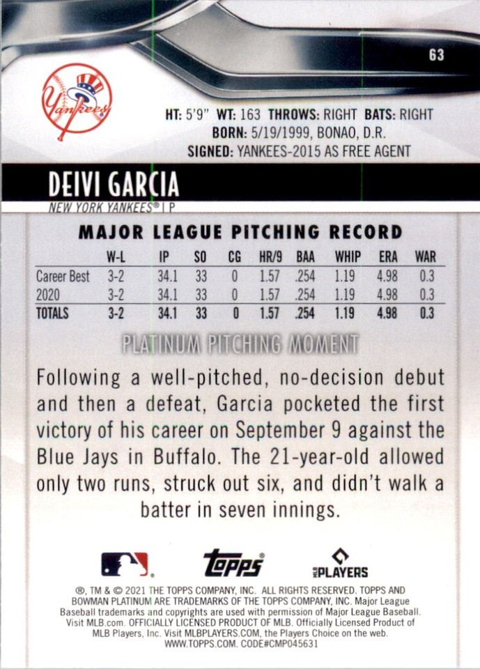 2021 Bowman Platinum DEIVI GARCIA RC New York Yankees #63 | eBay
