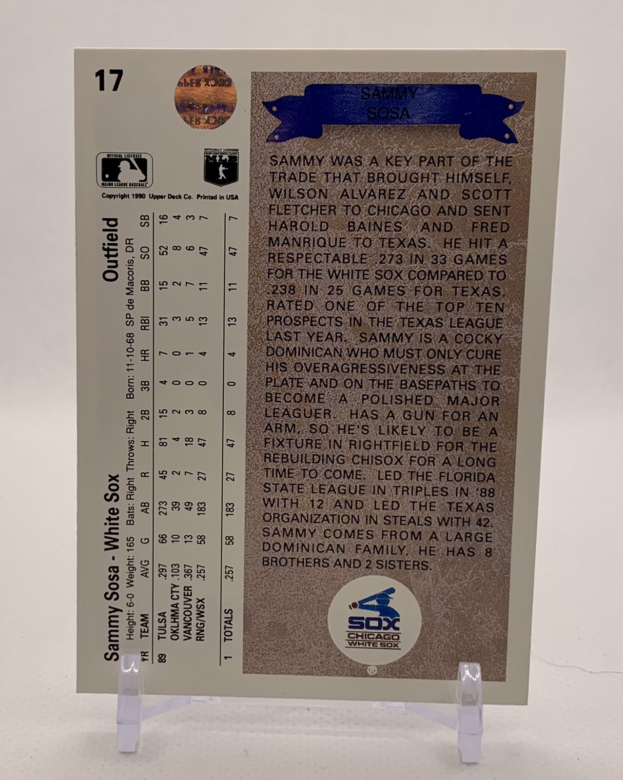 1990 Upper Deck SAMMY SOSA #17 Baseball Card First year Rookie - Mint ...