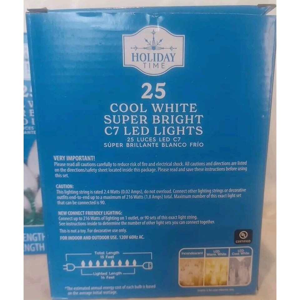 Holiday Time 25 Count Cool White Super Bright C7 LED Lights Green Wire ...