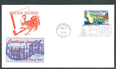 GREETINGS FROM RHODE ISLAND ROOSTER 2002 ARTMASTER CACHET FDC +INFO ...