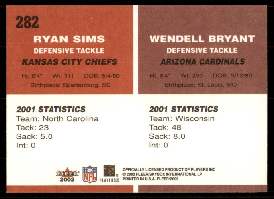 2002 Fleer Tradition Ryan Sims/Wendell Bryant Rookie Chiefs/Cardinals ...