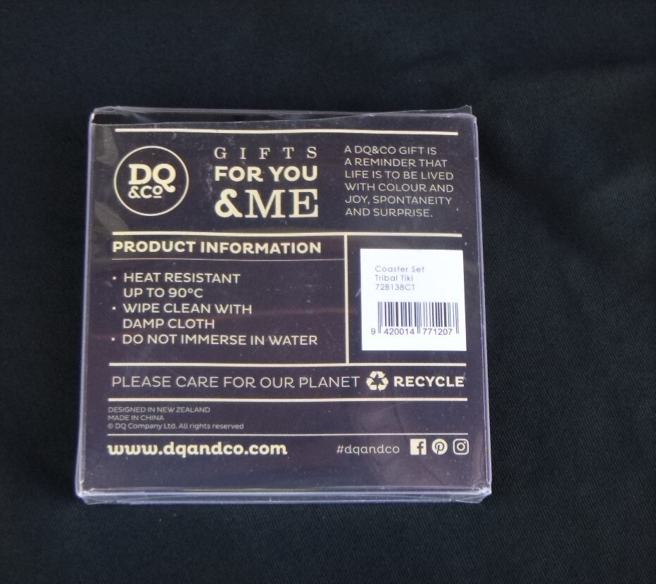 Lovely DQ&Co New Zealand Cork Backed Coaster Set *Tribal Tiki (Boxed ...