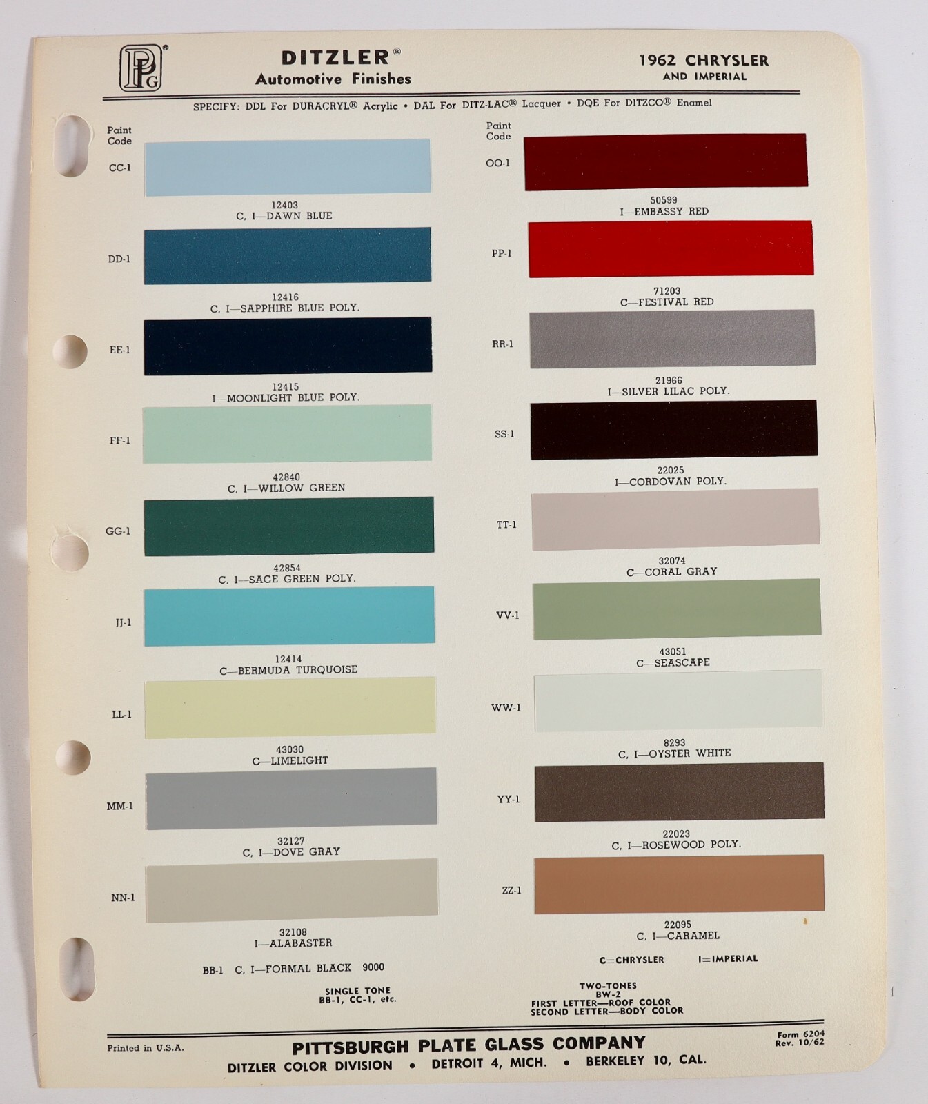 1962 Chrysler Color Paint Chip Sheet Ditzler PPG Automotive Finishes | eBay