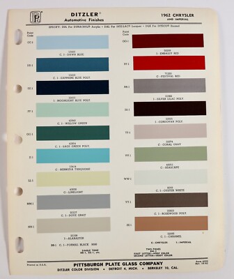 1962 Chrysler Color Paint Chip Sheet Ditzler PPG Automotive Finishes | eBay