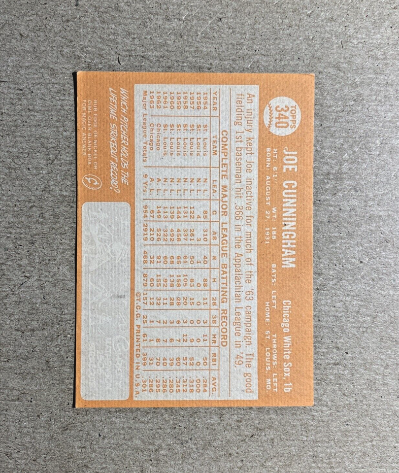 1964 TOPPS BB #340 JOE CUNNINGHAM Vintage Baseball Card! EXMT | eBay