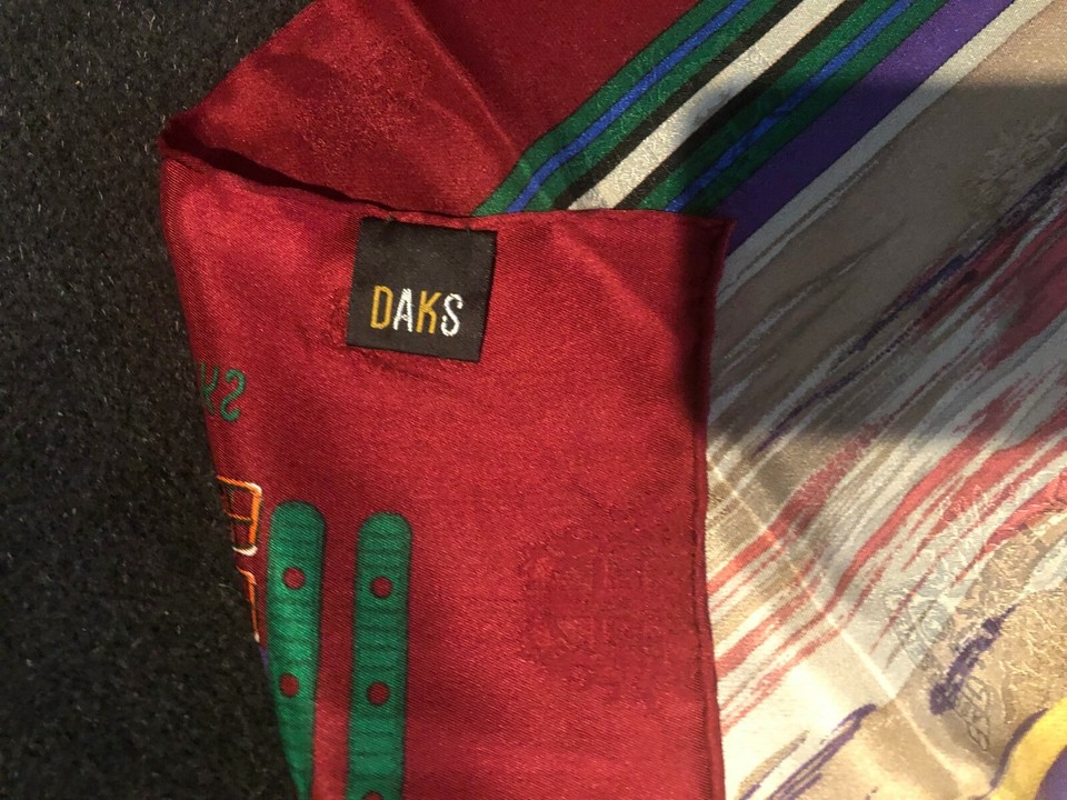 DAKS Deep Red, Silk Jacquard "Crests & Horse Race" Scarf 86cmx86cm ...