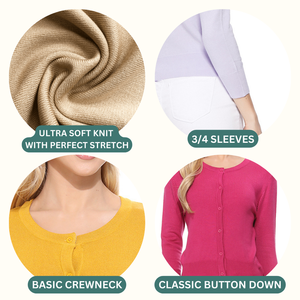 .YEMAK Women's 3/4 Sleeve Crewneck Casual Button Down Cardigan Sweater ...
