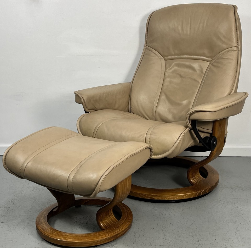 Ekornes Stressless Large "Governor" Sand Leather Swivel Recliner Chair ...