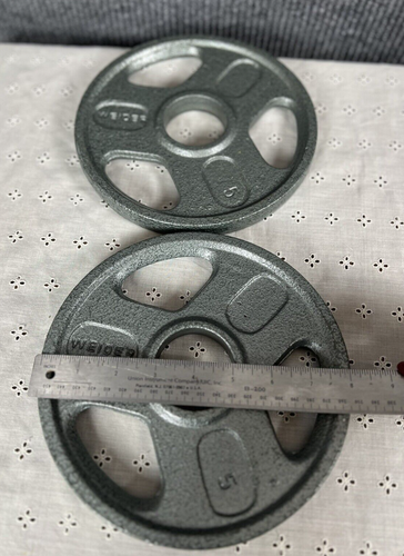 Weider 2- 5 lbs Weight Plates -( Pair) 8" across and 2" hole EUC ...
