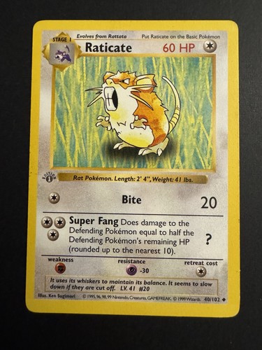 RATICATE Pokemon Card - WOTC - 1st Edition - Base Set - Shadowless 40/ ...