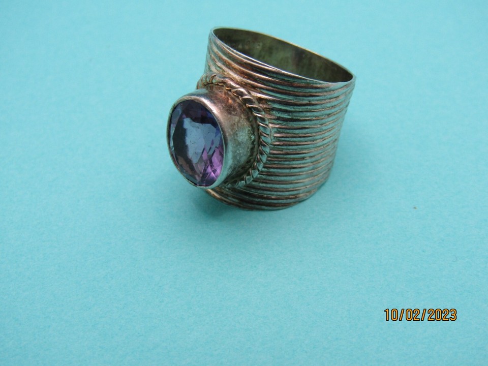 Beautiful Sterling Wide Amethyst CZ Stone Ring 7'' (PTI India 925) C406 ...