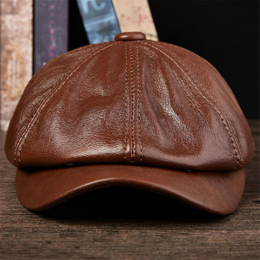 Genuine Leather Newsboy Cap Men Winter Black Octagonal Cap For Men Flat ...