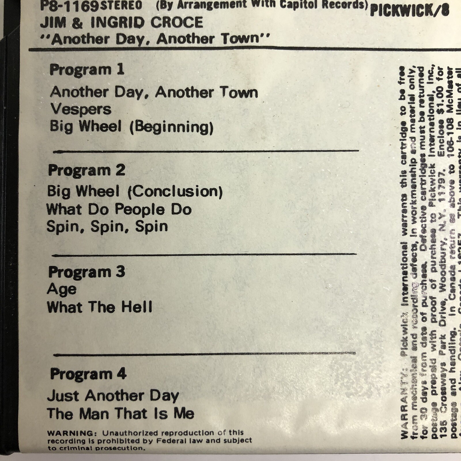 Jim Croce Ingrid Croce Pickwick 8 Track Tape Cartridge Another Day ...