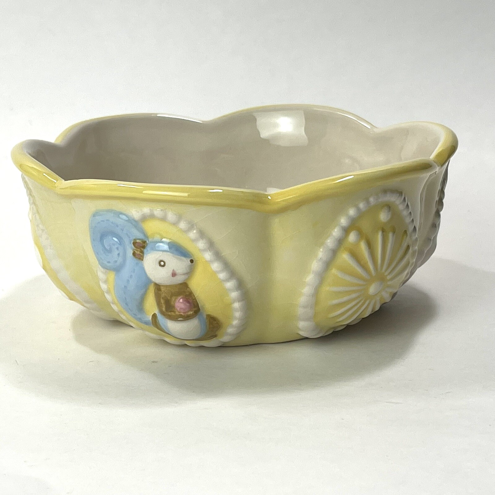 Yellow Ceramic Flower Easter Bowl Bunny Rabbit Squirrel Porcupine Eggs ...