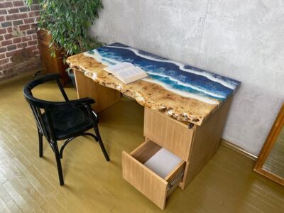 Ocean Epoxy Live Edge Counter Desk - Wooden Epoxy Computer Desk - Decor ...