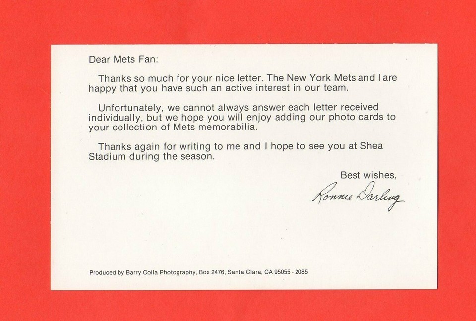 1985 Ny Mets Ron Darling Postcard Team Issued Barry Colla Rare | eBay