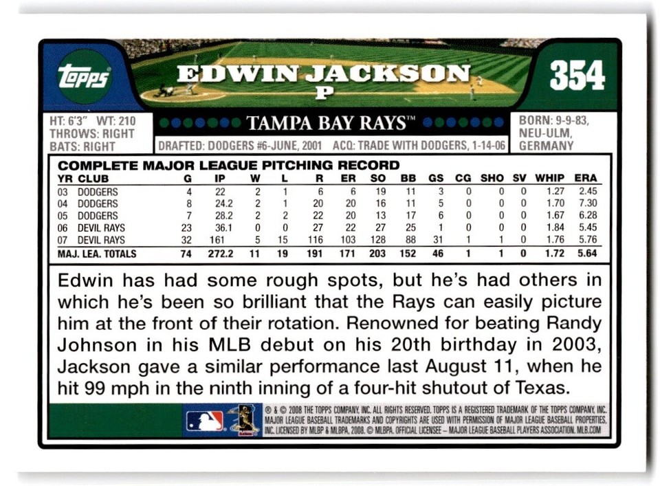 2008 Topps Edwin Jackson Tampa Bay Rays #354 | eBay
