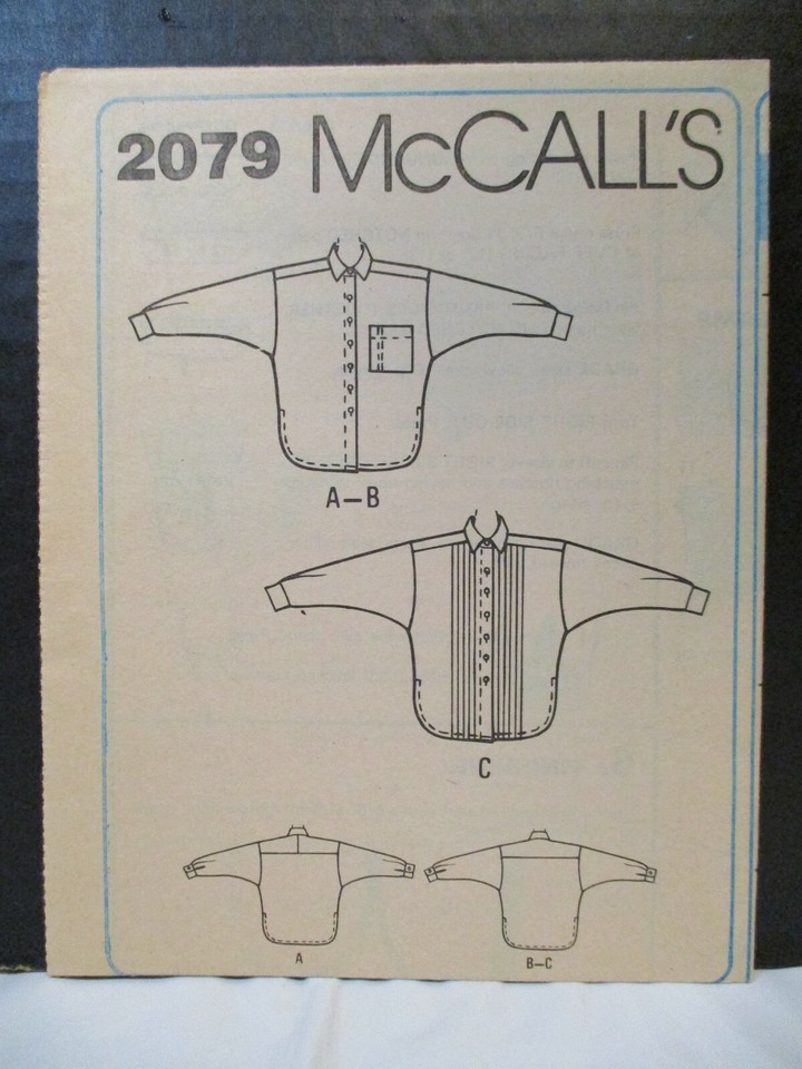 McCall's Pattern 2079 Miss Size 10 Loose-Fitting Buttoned Shirts Uncut ...