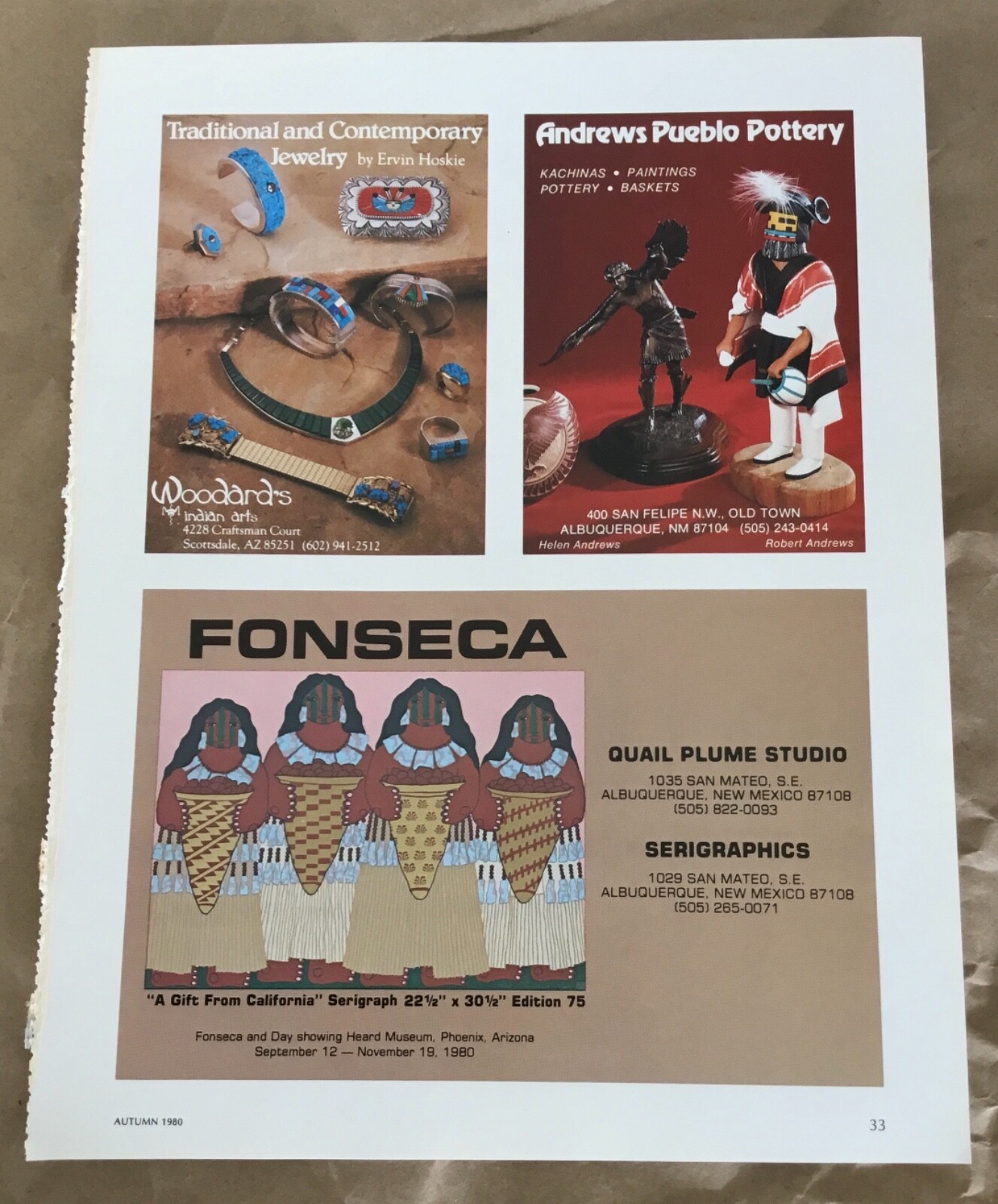 Harry Fonseca Quail Plume Gallery exhibition ad 1980 art magazine ...