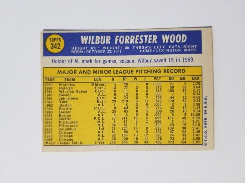 WILBER WOOD 1970 TOPPS BASEBALL CARD #342 CHICAGO WHITE SOX | eBay