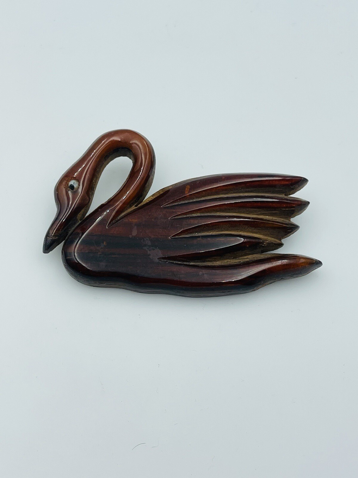Antique Carved Bakelite & Wood Figural Swan Pin - Gem