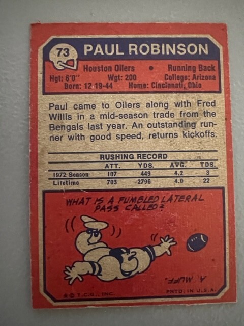 QTY: 1973 Topps Football Paul Robinson ( Houston Oilers ) #73 - VG/EX+ ...