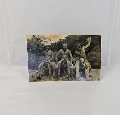 1940's B/W Photo Young Men Messing Around Shirtless Hunks Hats Army Gay ...