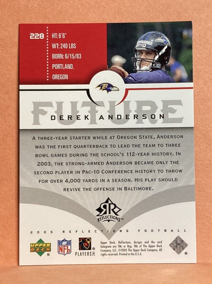 2005 Reflections DEREK ANDERSON Rookie RC /499 Card #228 Ravens | eBay