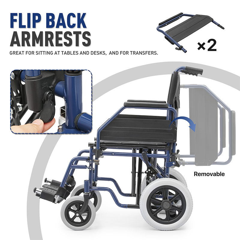 Transport Wheelchair w/Removable Flip Back Armrests & Footrests,Black ...