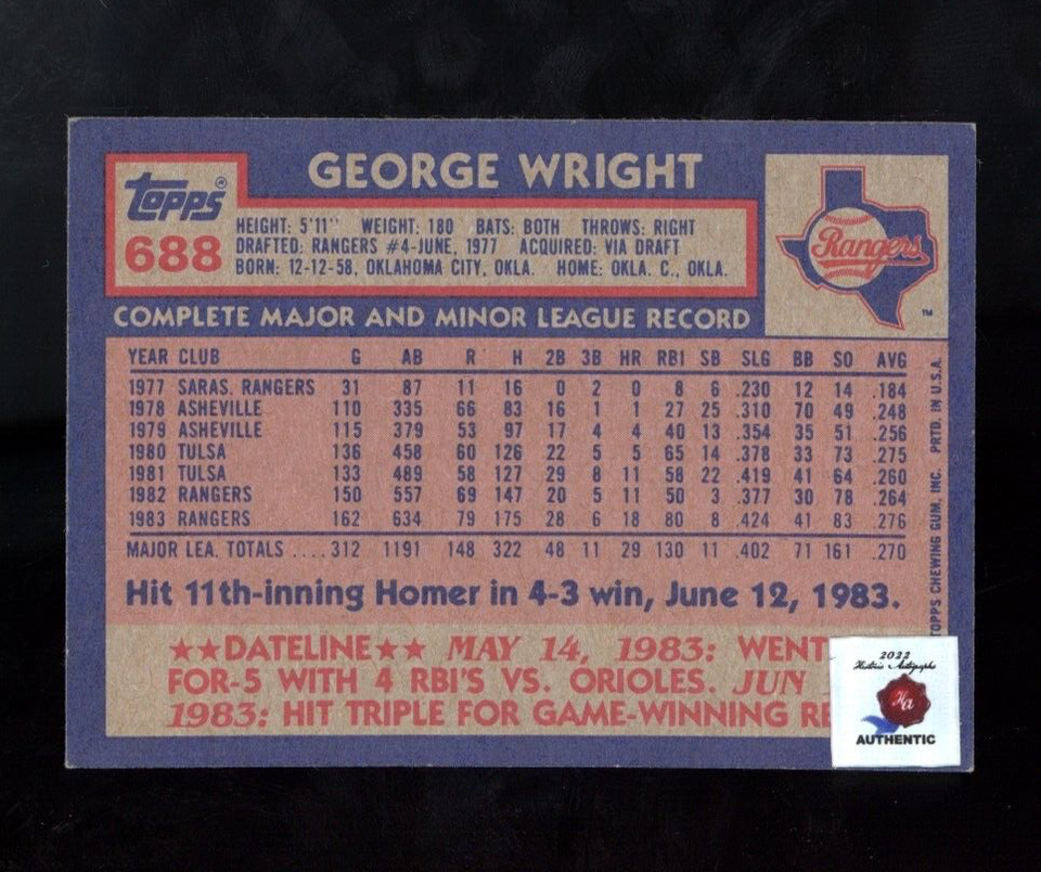 GEORGE WRIGHT 1984 Topps Signed Card AUTO RANGERS Authenticated | eBay
