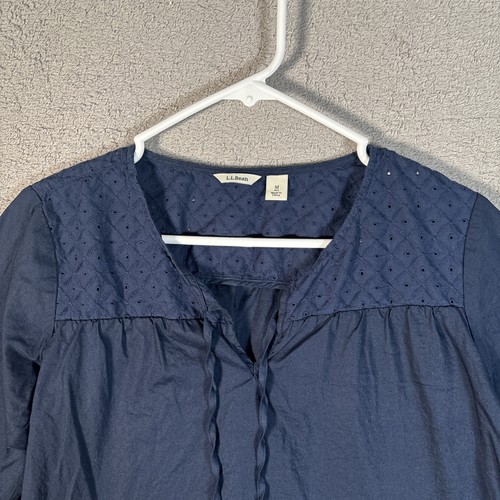LL Bean Top Women’s Size M Navy Blue Eyelet Chest Tie Neck 3/4 Sleeve ...
