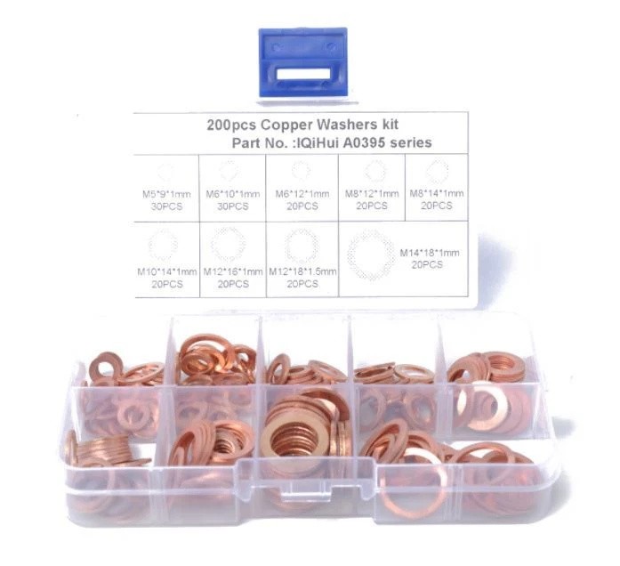 200x Solid Copper Crush Washer Gasket Set Flat O-Ring Seal Assortment ...
