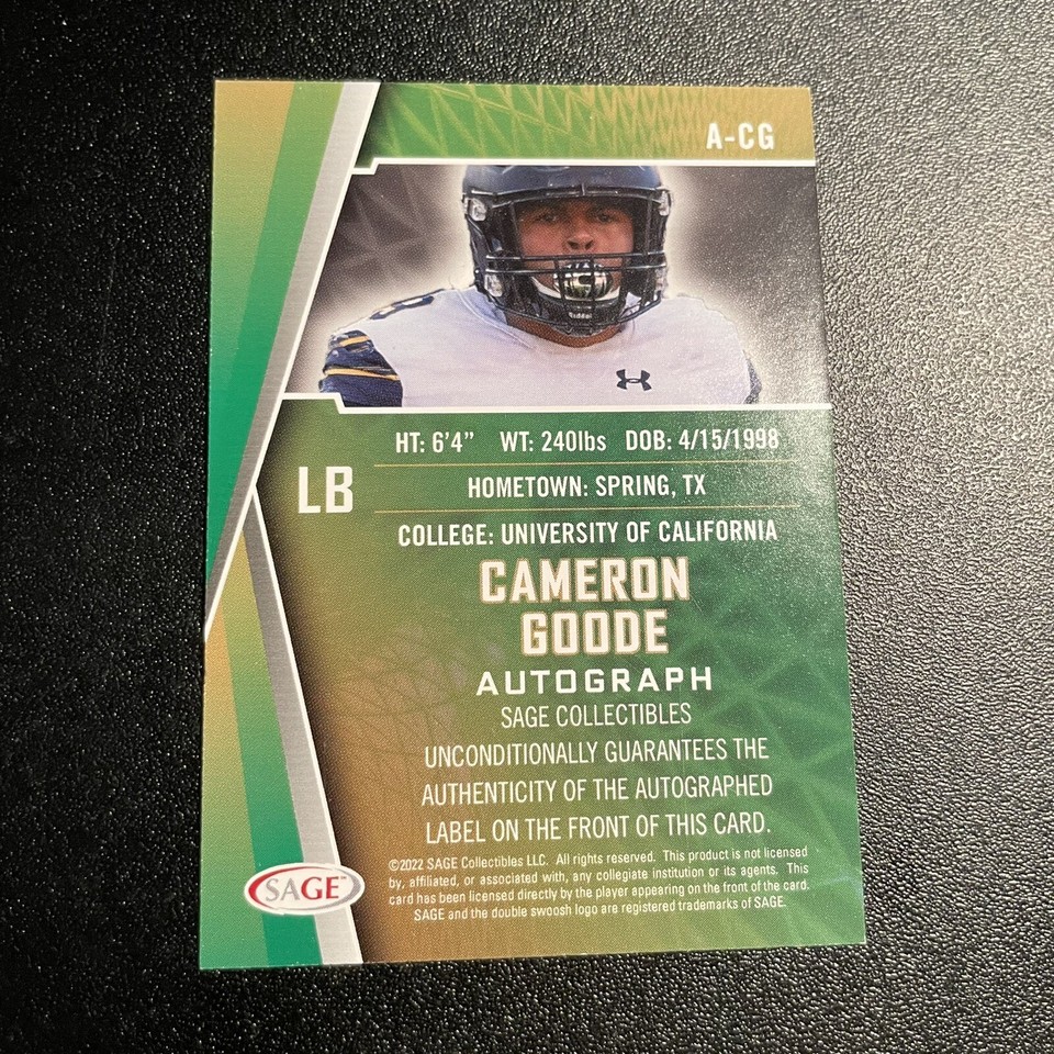 2022 SAGE GREY CAMERON GOODE AUTO ROOKIE RC A-CG | eBay UK