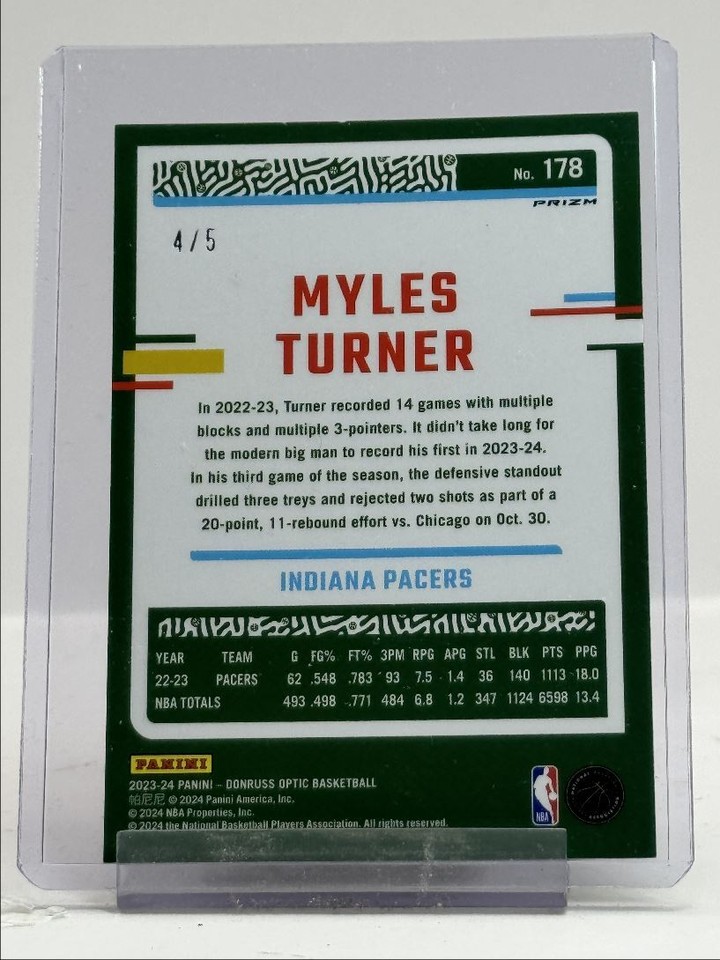 MYLES TURNER 2023-24 DONRUSS OPTIC NEON GREEN FAST BREAK PRIZM /5 Q2620 ...