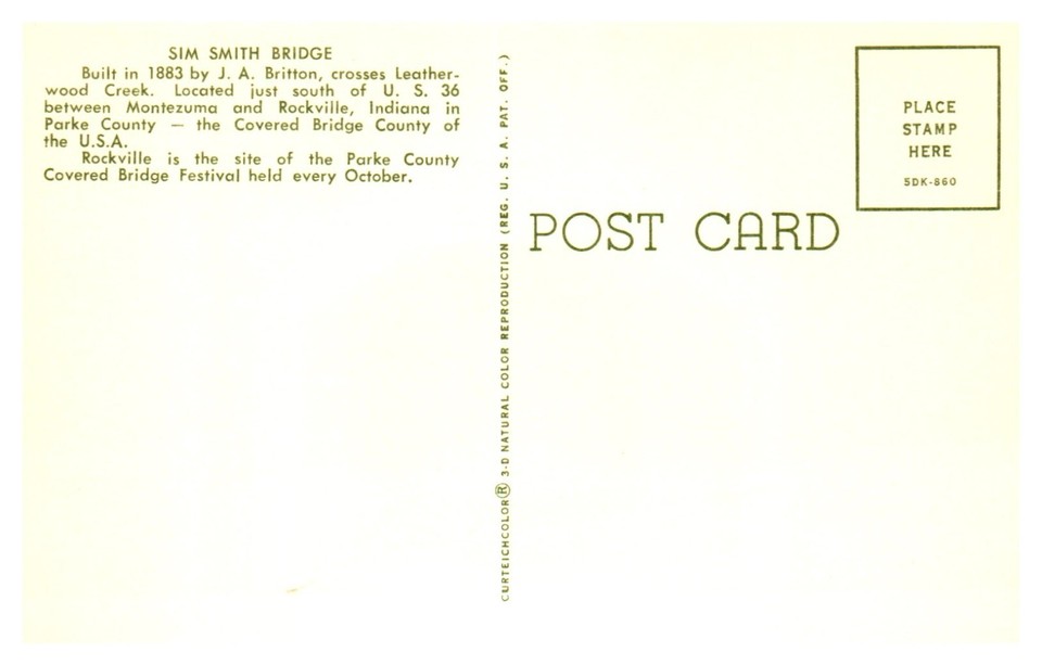 Postcard IN Sim Smith Covered Bridge Leatherwood Creek Montezuma ...