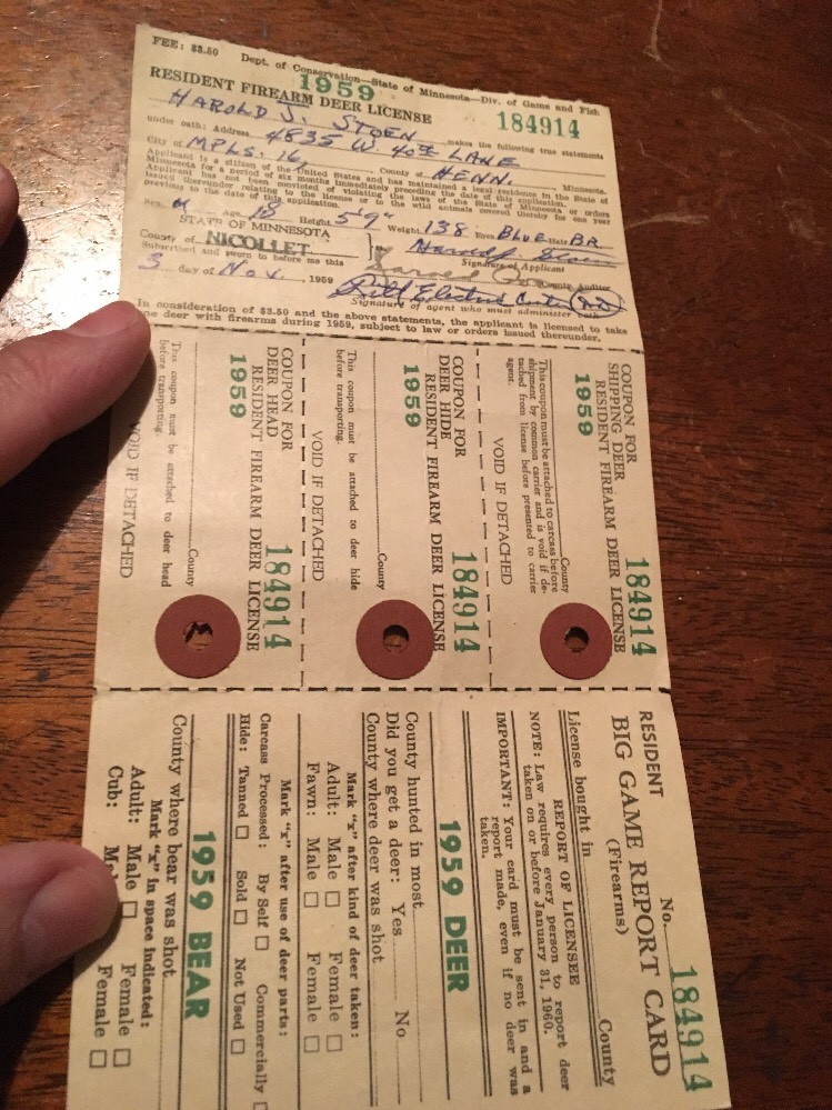 1959 Minnesota Resident Firearm Deer Hunting License w/ Report Card | eBay
