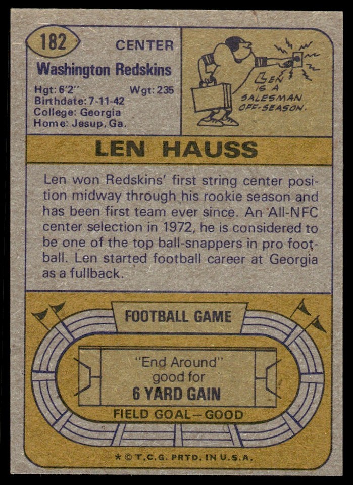 1974 Topps Len Hauss Washington Redskins #182 | eBay